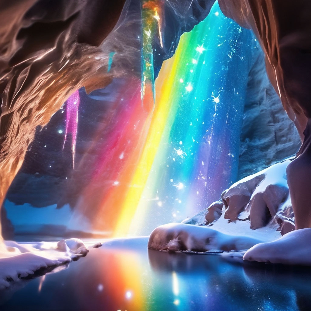 "Snowy and icy, a cave decorated with rainbow rays and stars, a lake ...