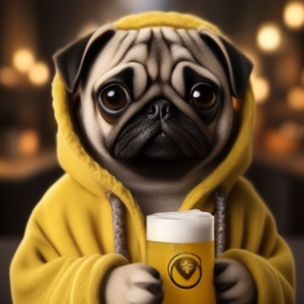 "Pug in a yellow robe drinking cream beer, big eyes, realistic fur ...