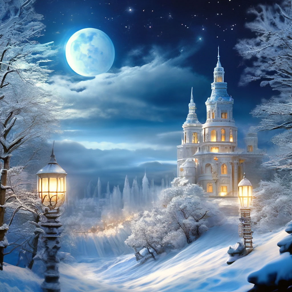 ". Winter landscape in light blue tones, delicate white velvety clouds ...
