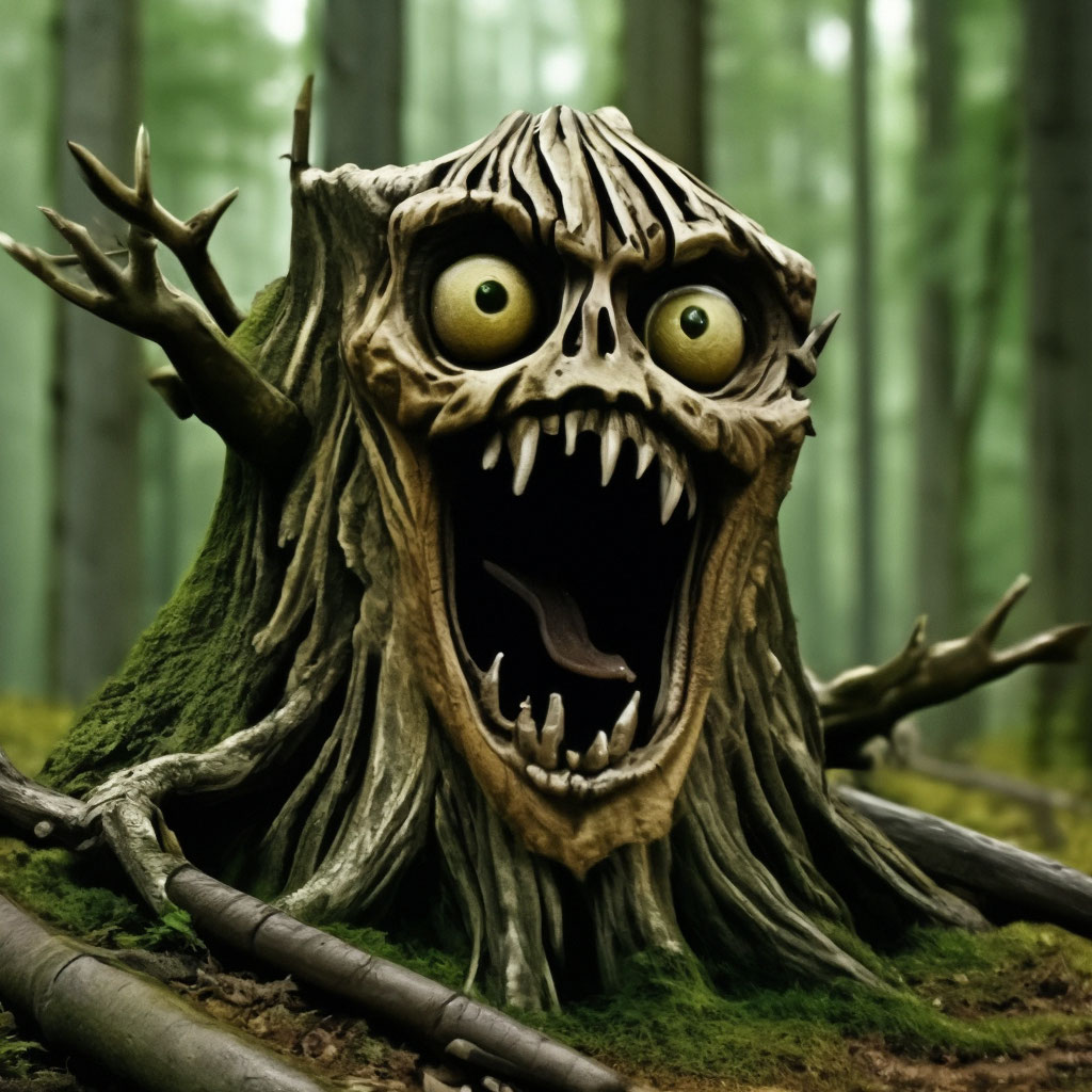 "Creep cartoon wild live stump screams in the forest" — image created ...