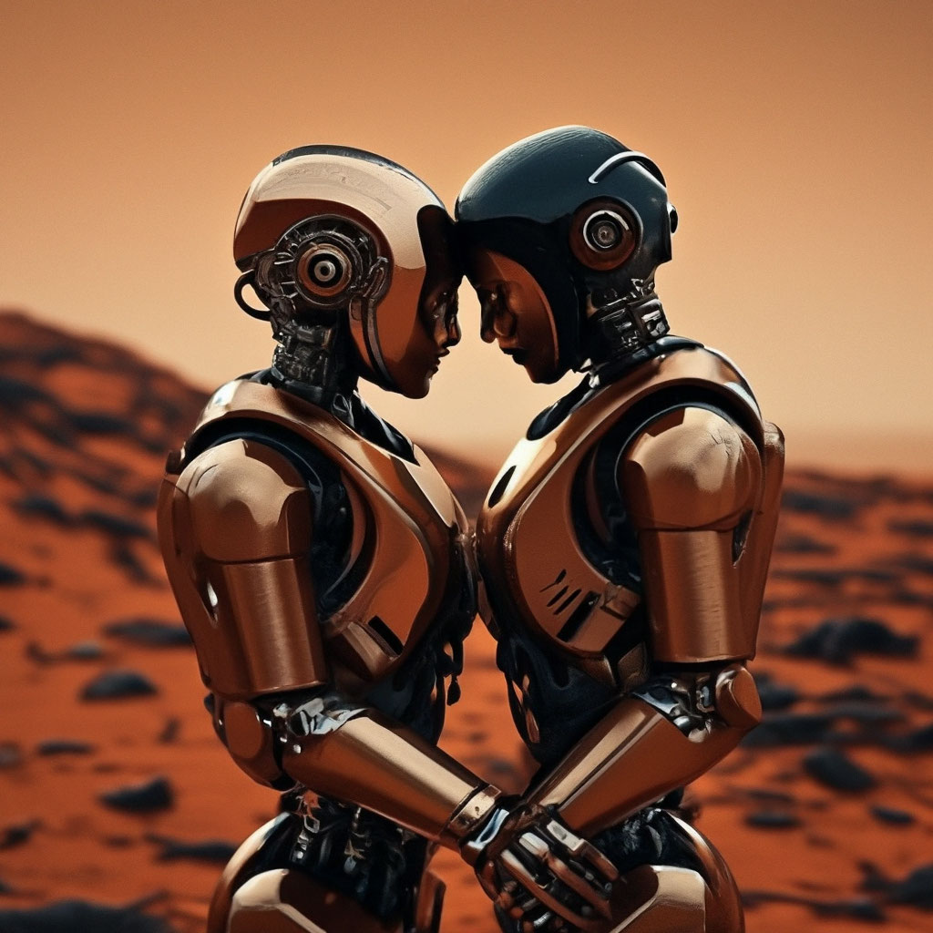 "Robots in love meet the dawn on Mars" — image created in Shedevrum