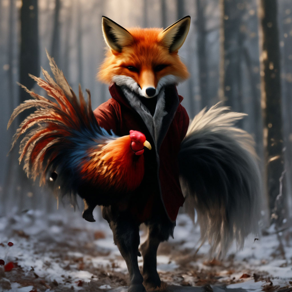 "Carries a rooster fox for the dark woods" — image created in Shedevrum
