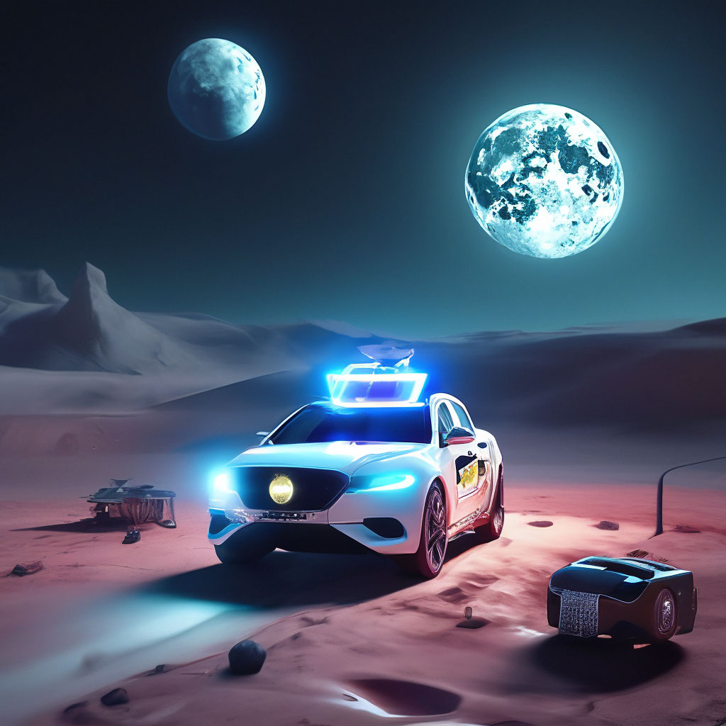 "A police car on the moon" — image created in Shedevrum