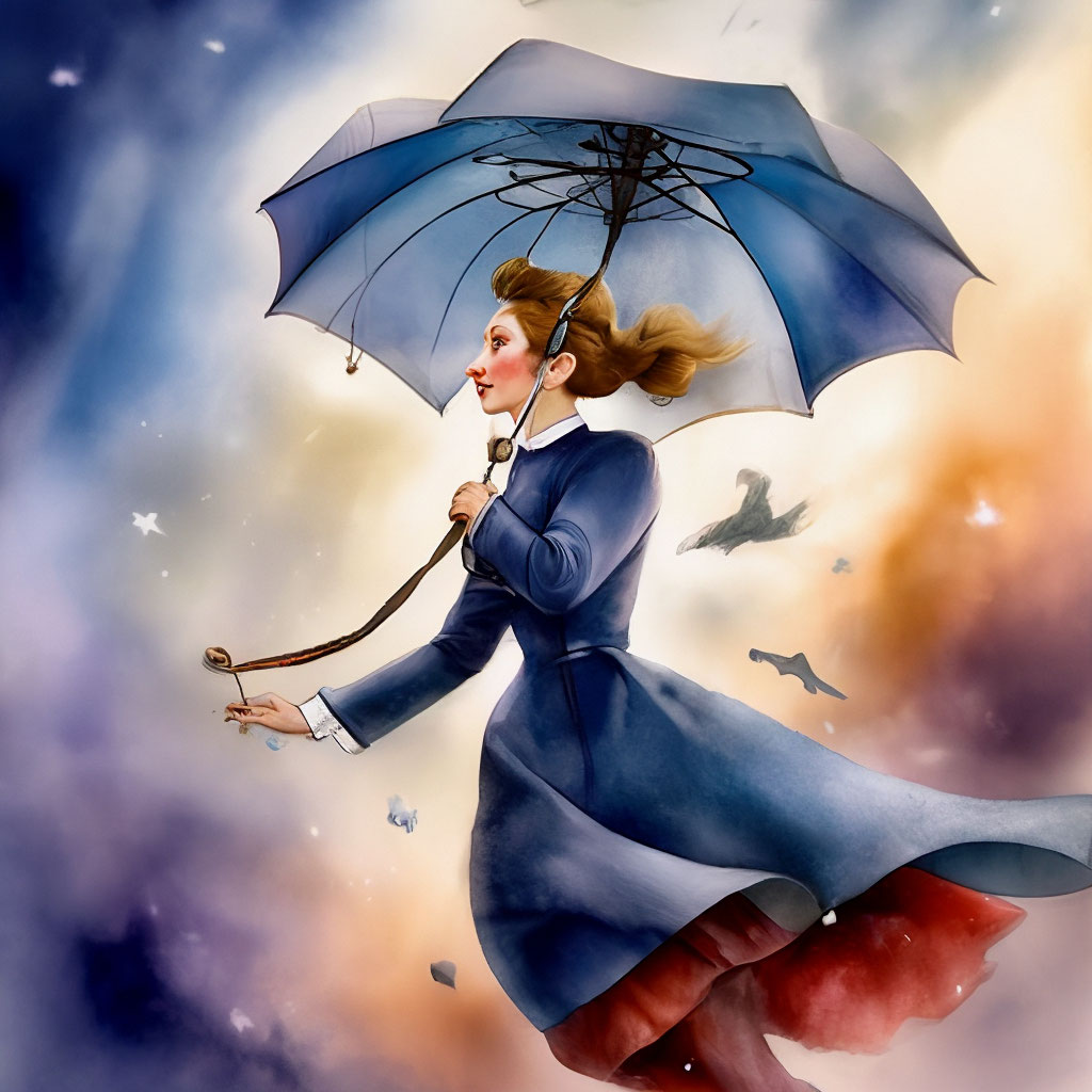 "A strong wind is blowing, Mary Poppins hovers in the air on an ...