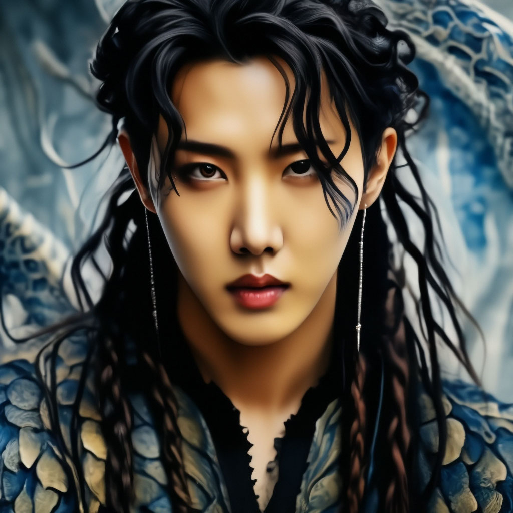 "Hosok bts with dragon scales on the face, shoulders and body, long ...