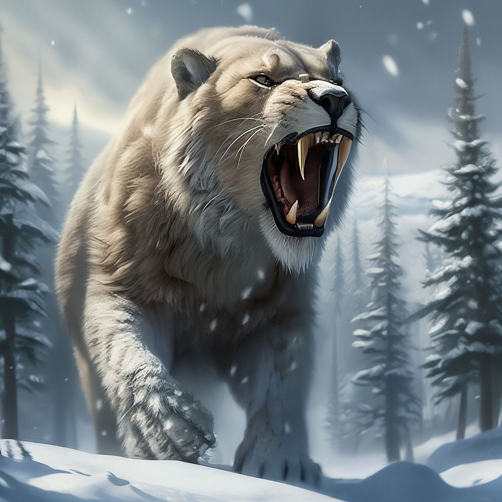 "Saber-toothed lion,realism,snow,pine trees,high quality,high detail ...