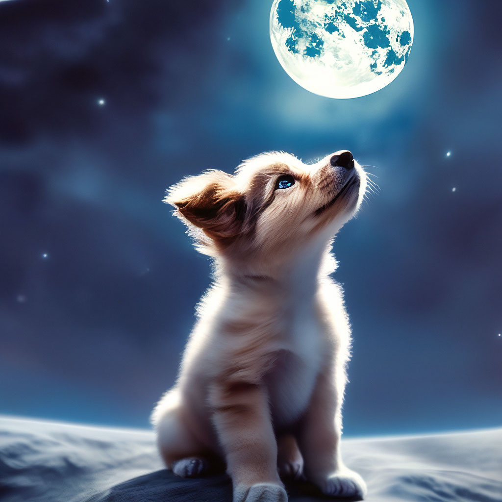 "The puppy looks at the moon" — image created in Shedevrum