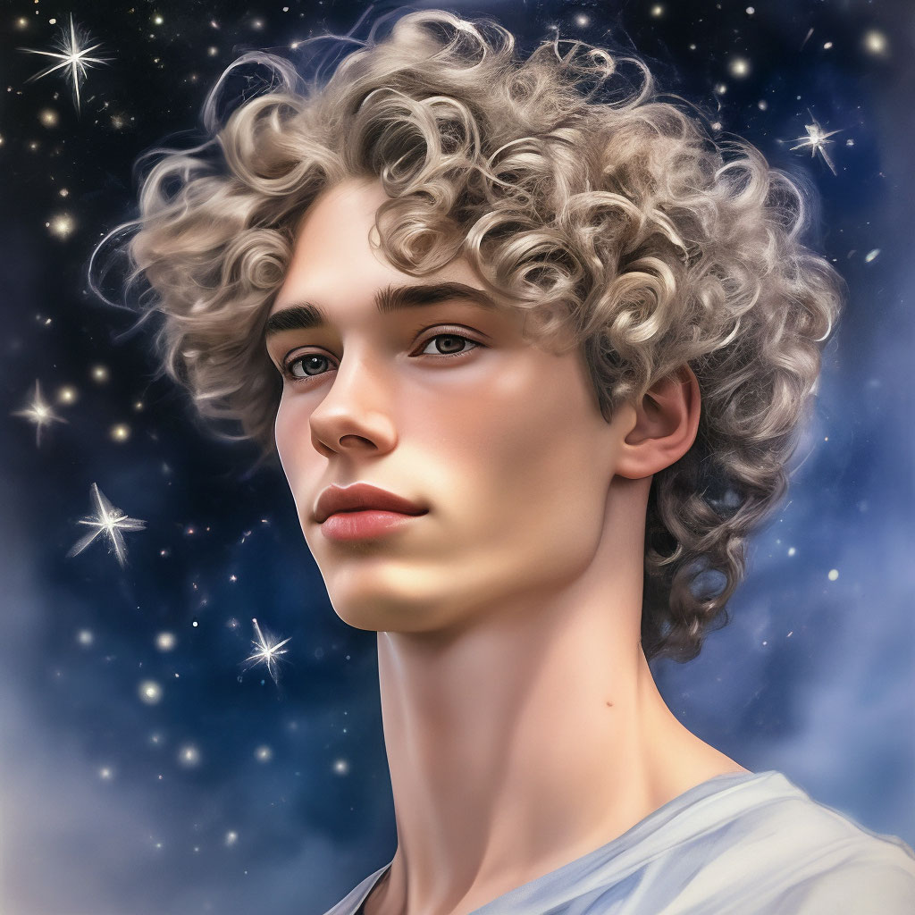 "A young handsome man with a slender figure, body anatomy, ashen curly ...