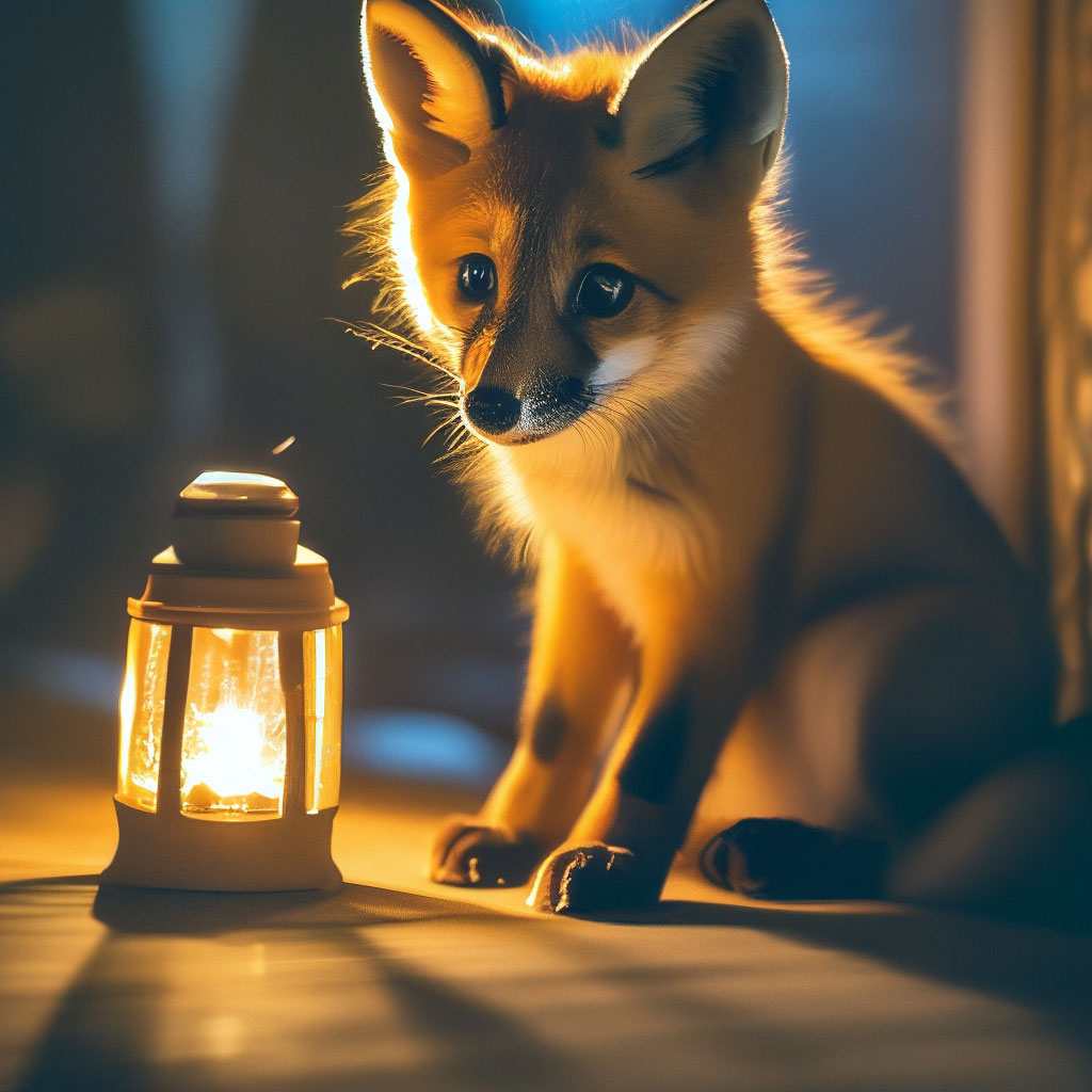 "A fox cub with curious eyes, sitting at night under the warm light of ...