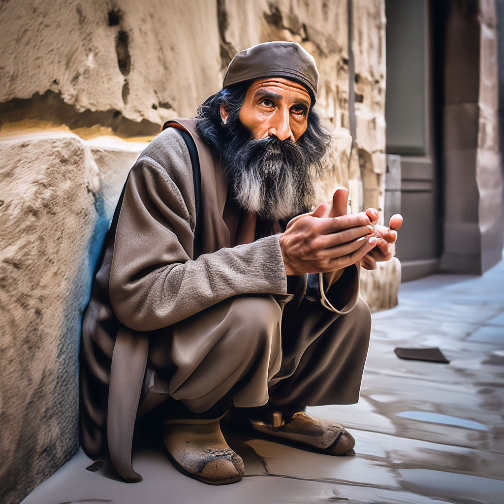 "A beggar is sitting near the wailing wall begging for alms with an ...