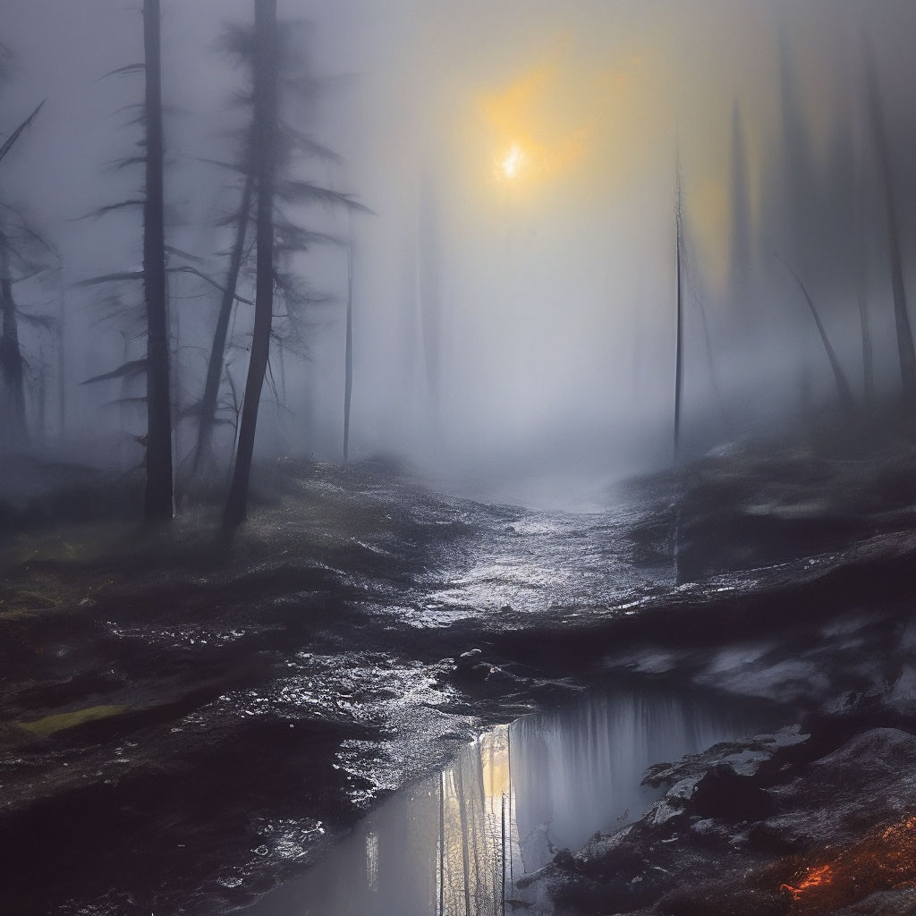"Forest at night, fog over a stream, painted in oil" — image created in ...
