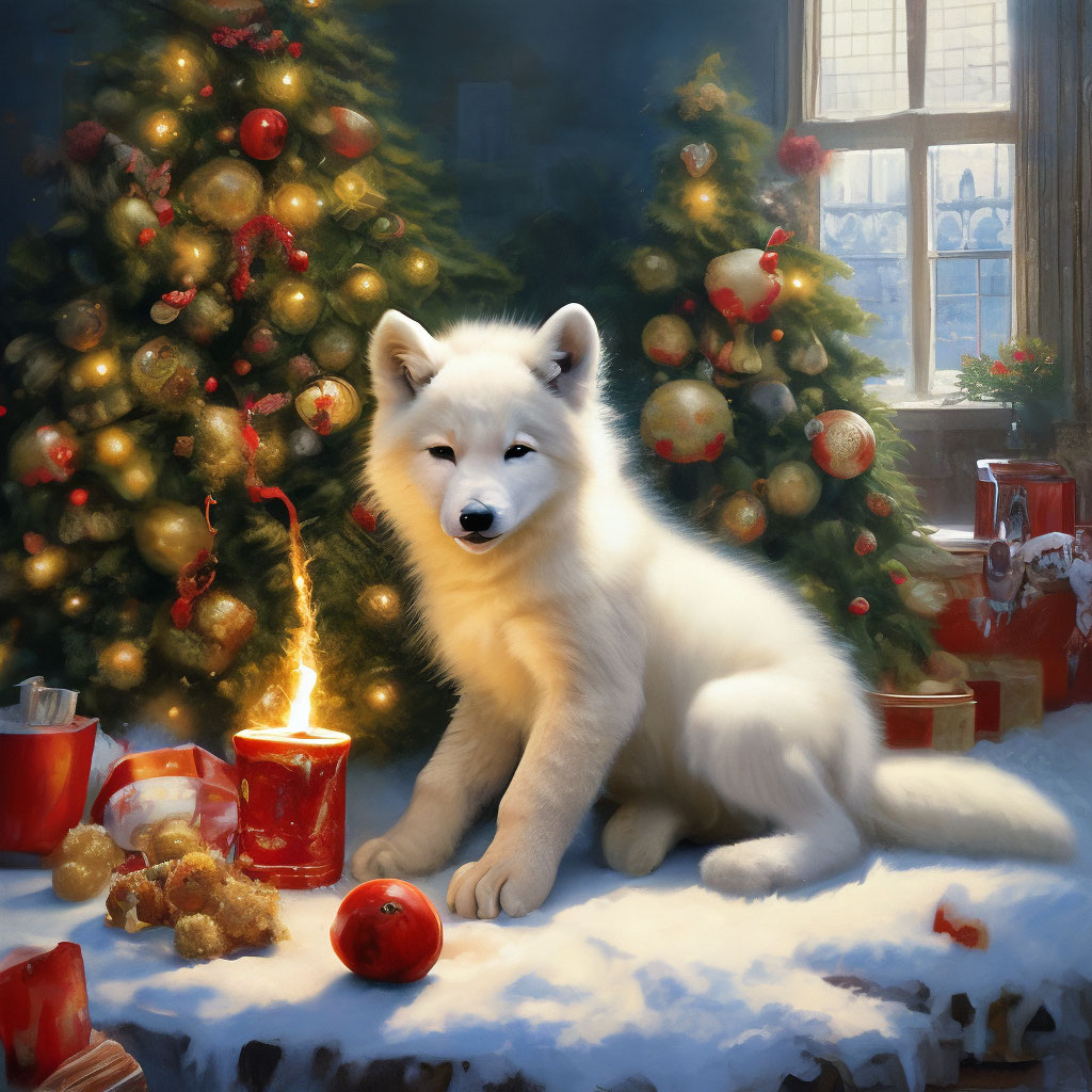 "A white fluffy wolf cub in full growth near the Christmas tree with a ...