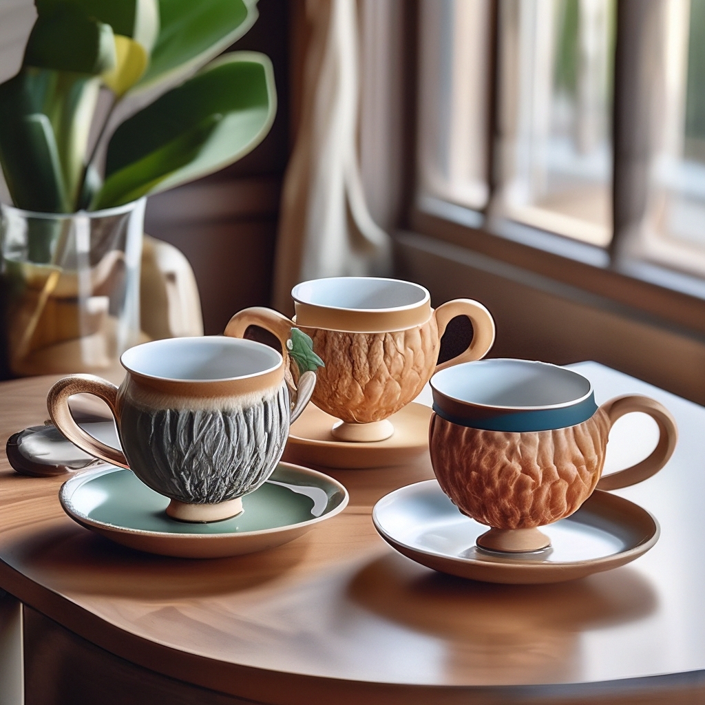 "Three unusual, original cups with coffee and tea on the morning table ...