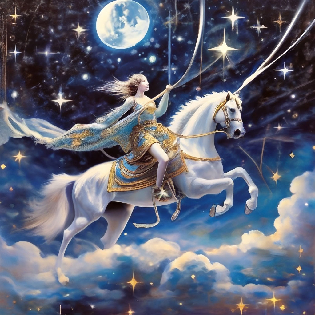 "Riding a star Clinging to the rays With the moon on a leash In the ...