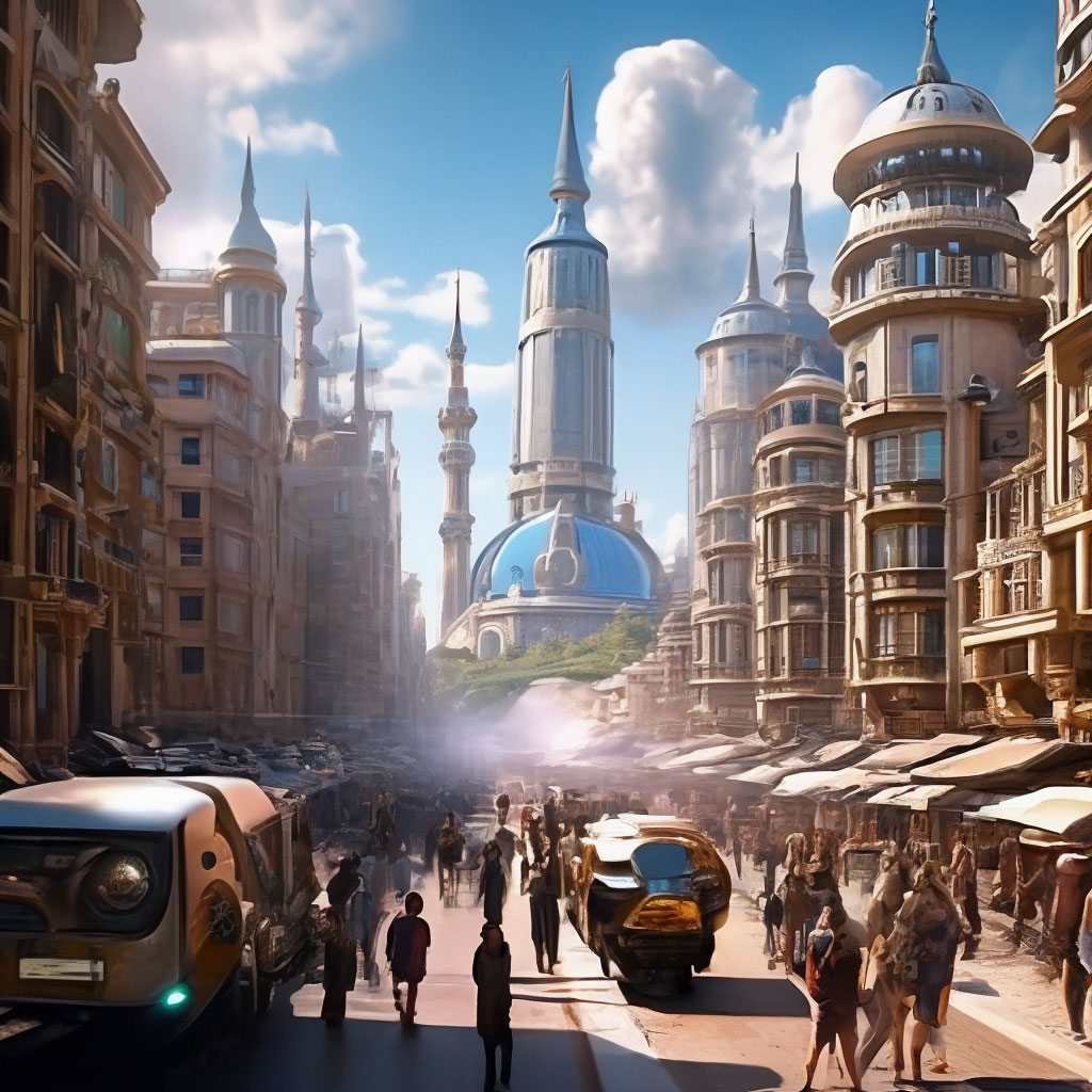 "Istanbul, year 3000, future, summer, skyline, levitating vehicles ...