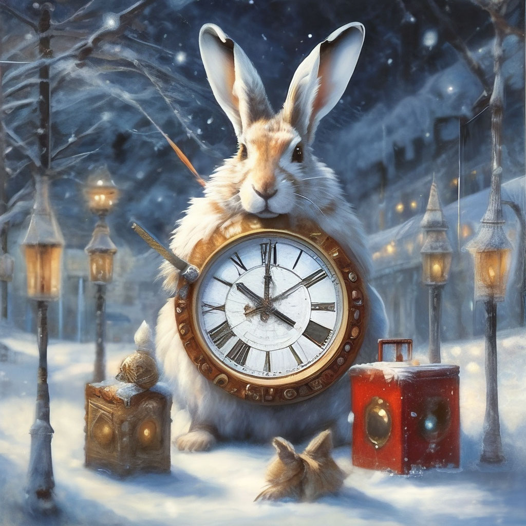 "The hare with the clock in winter" — image created in Shedevrum