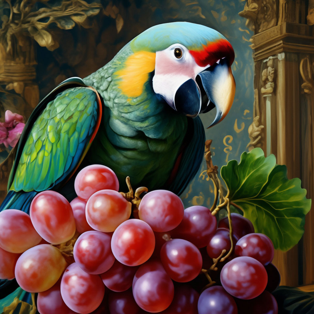 "Parrot with grapes" — image created in Shedevrum