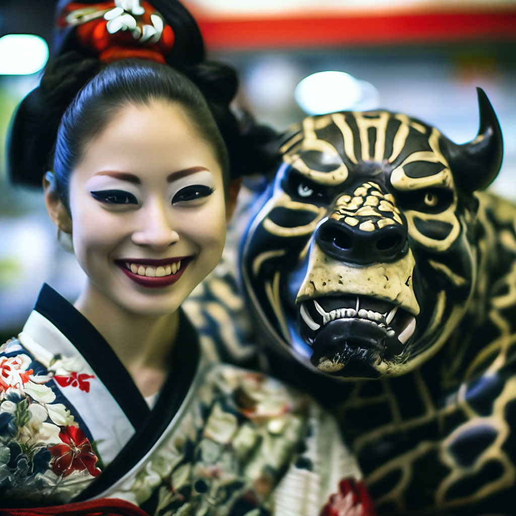 "A woman and a bully, japan, posing, smiling, in the style of haboku ...