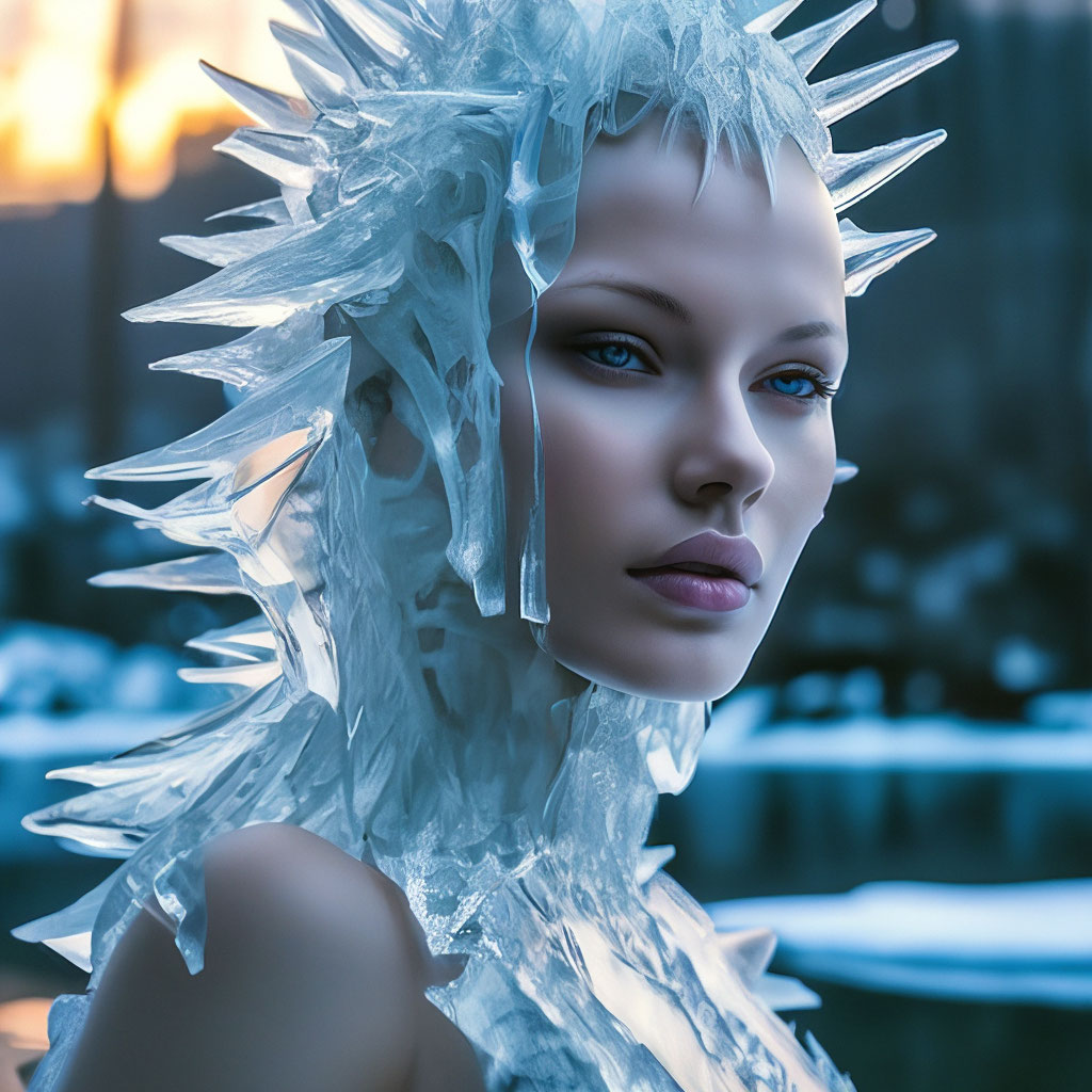 "The girl is all made of ice in the lake near the waterfall. Sunrise ...