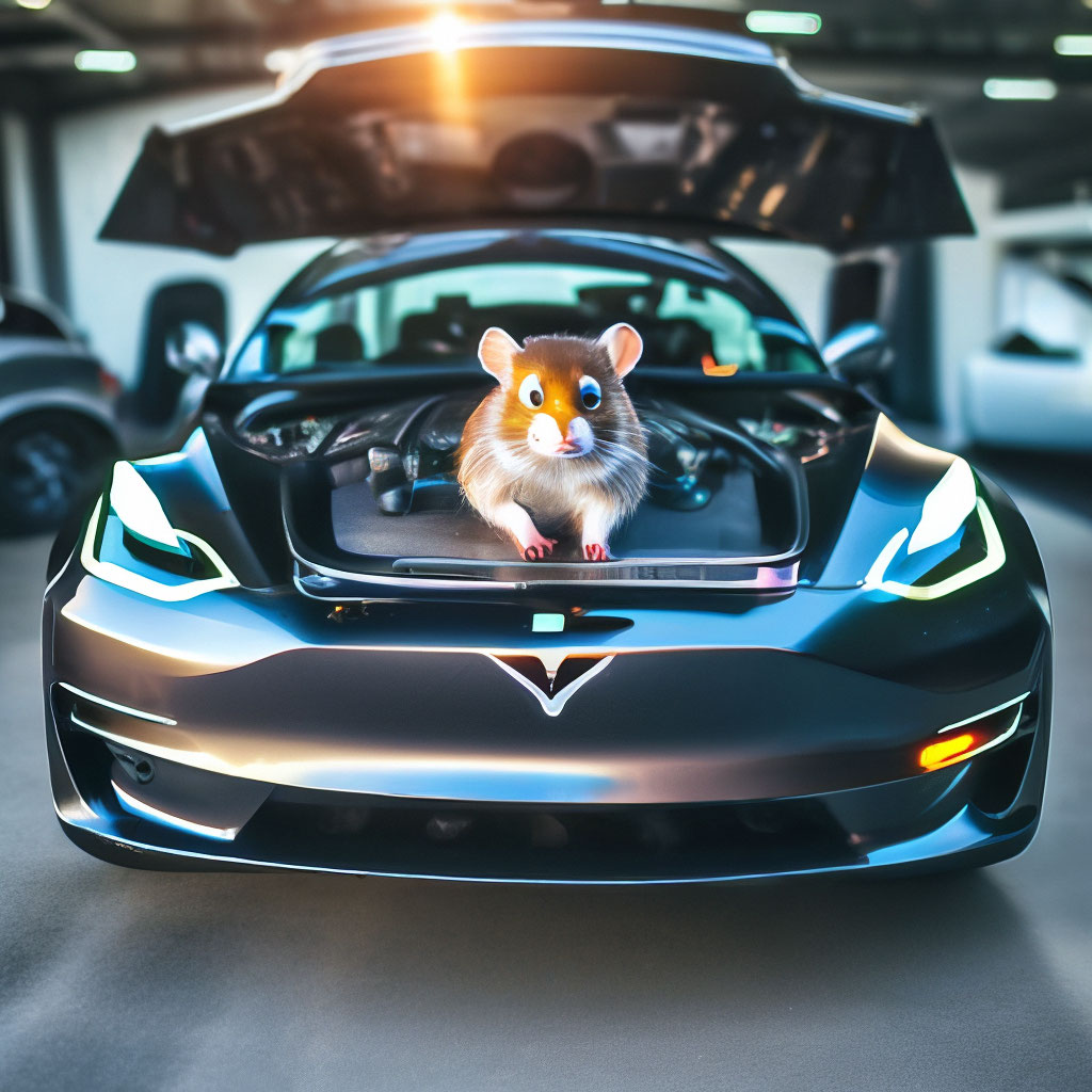 "A tesla car with open hood, a hamster wearing car mechanic outfit with ...
