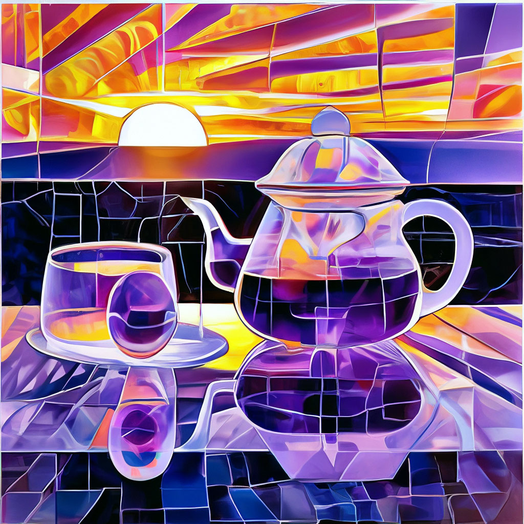 "Sunset still life with Anchan tea, abstraction in purple facets Ink ...
