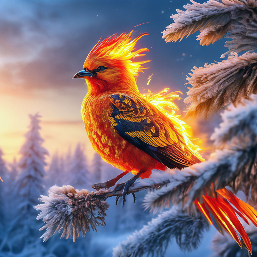 "A beautiful fiery Firebird sits on a pine branch, the background is a ...