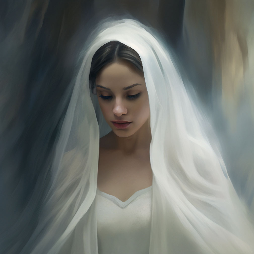 "A woman in a white dress with a veil over her head" — image created in ...