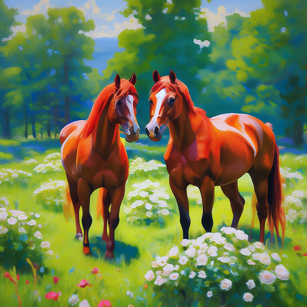 "Two beautiful red horses graze on a green meadow" — image created in ...