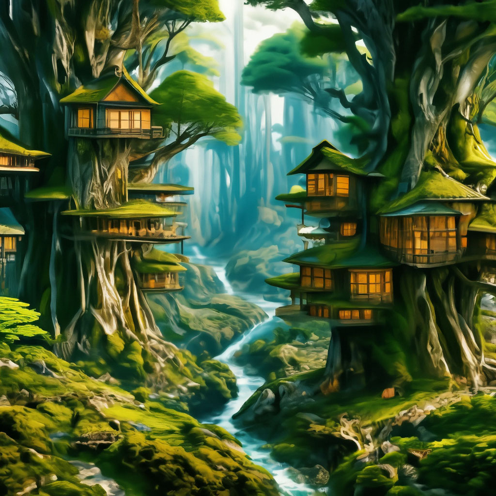 "Forest settlement on trees, bionic, fantasy, high-quality drawing ...