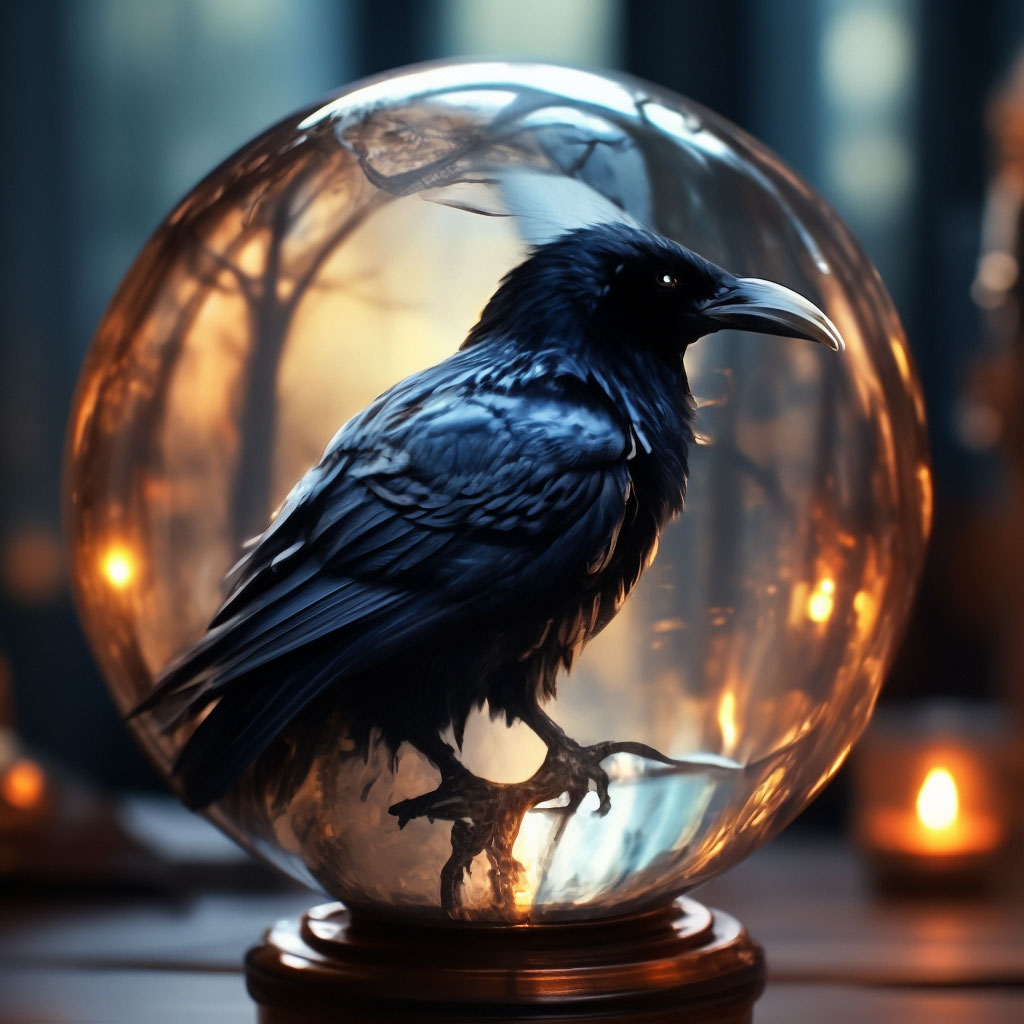 "Transparent crystal ball, glare of light, dark tones, mysticism, raven ...