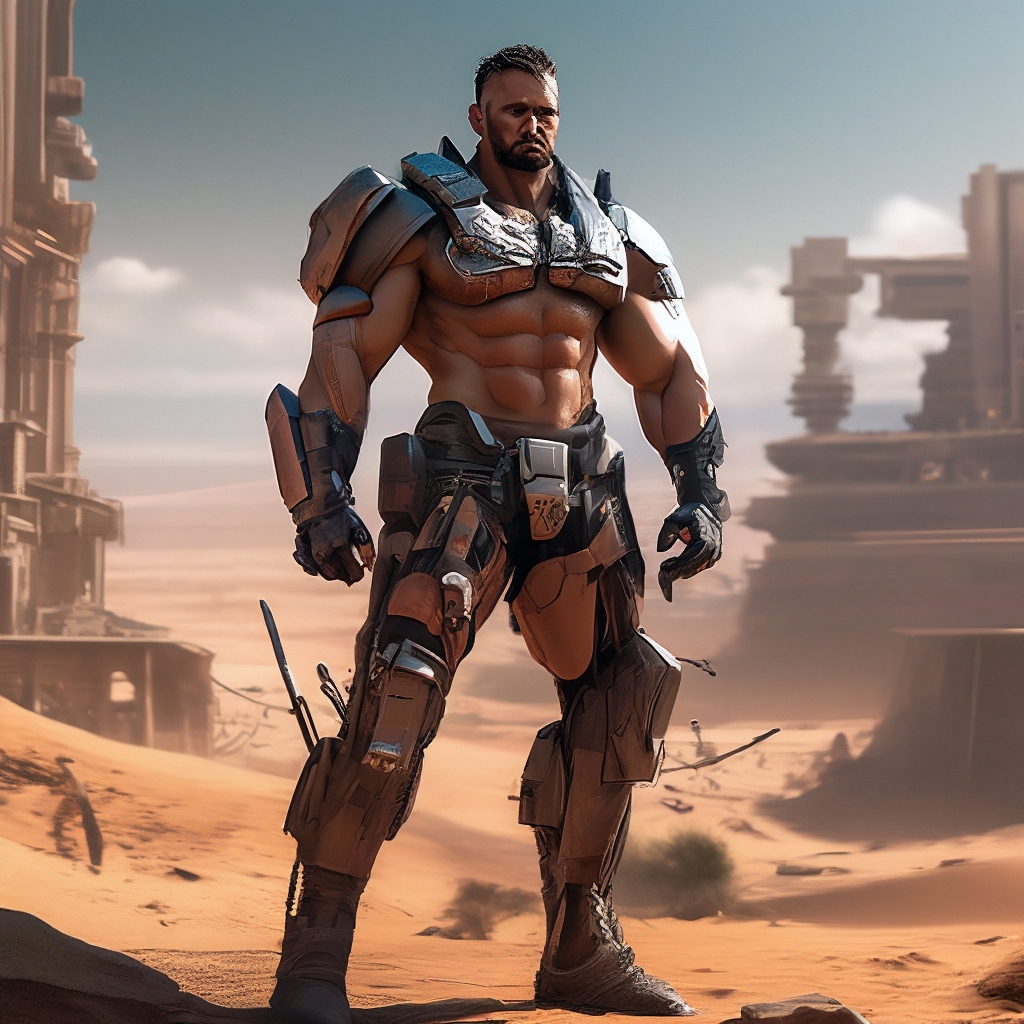 "Cyberpunk warrior in the desert bodybuilder among the ruins" — image ...
