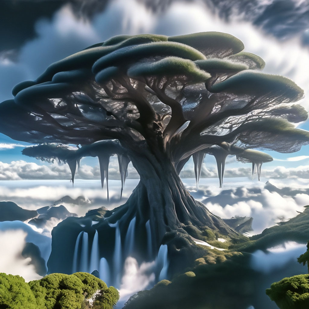 "Alien landscape, the Ava tree stretches high above the clouds, with ...