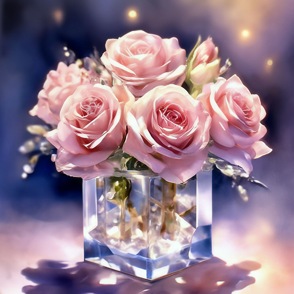 "Bouquet of tea roses in a crystal cube, watercolor with rendering ...