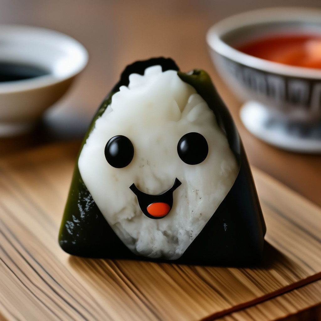 "Cute onigiri with a funny face with Nori" — image created in Shedevrum