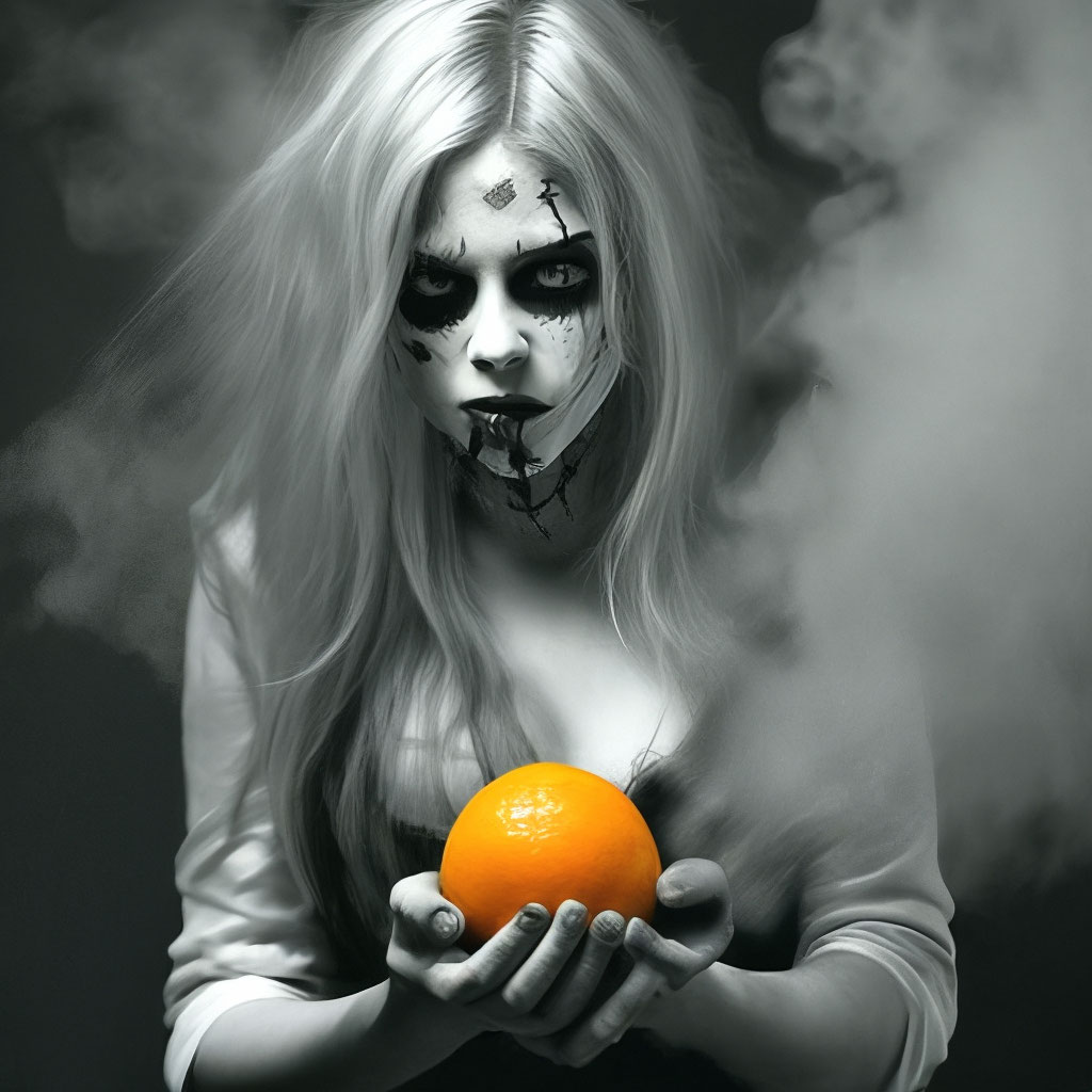 "Zombie girl with an orange orange in her hands, hair and clothes made ...