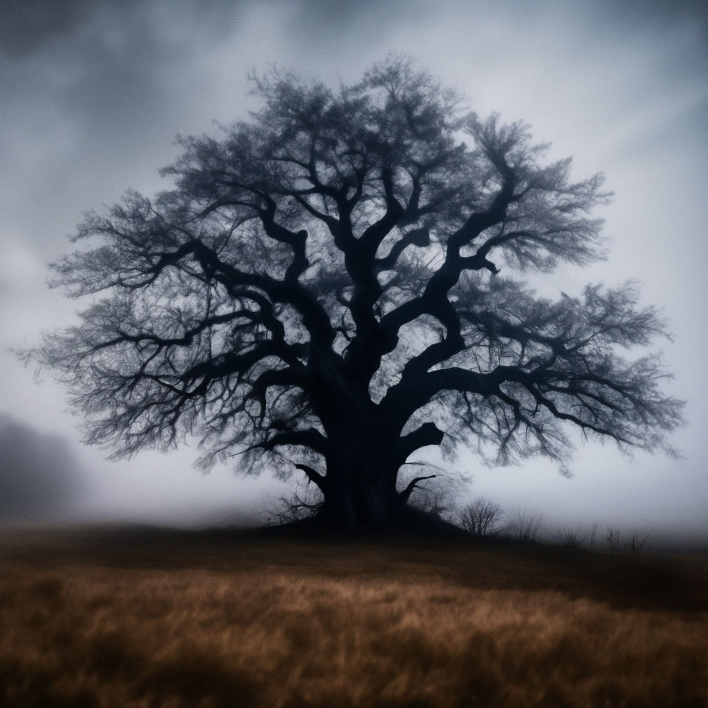 "A big tree in an open field" — image created in Shedevrum