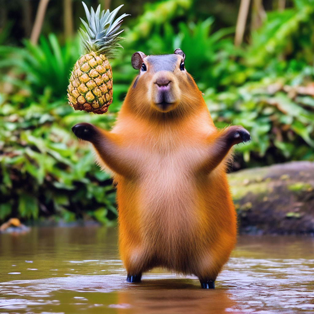 "Capybara dancing with pineapple" — image created in Shedevrum