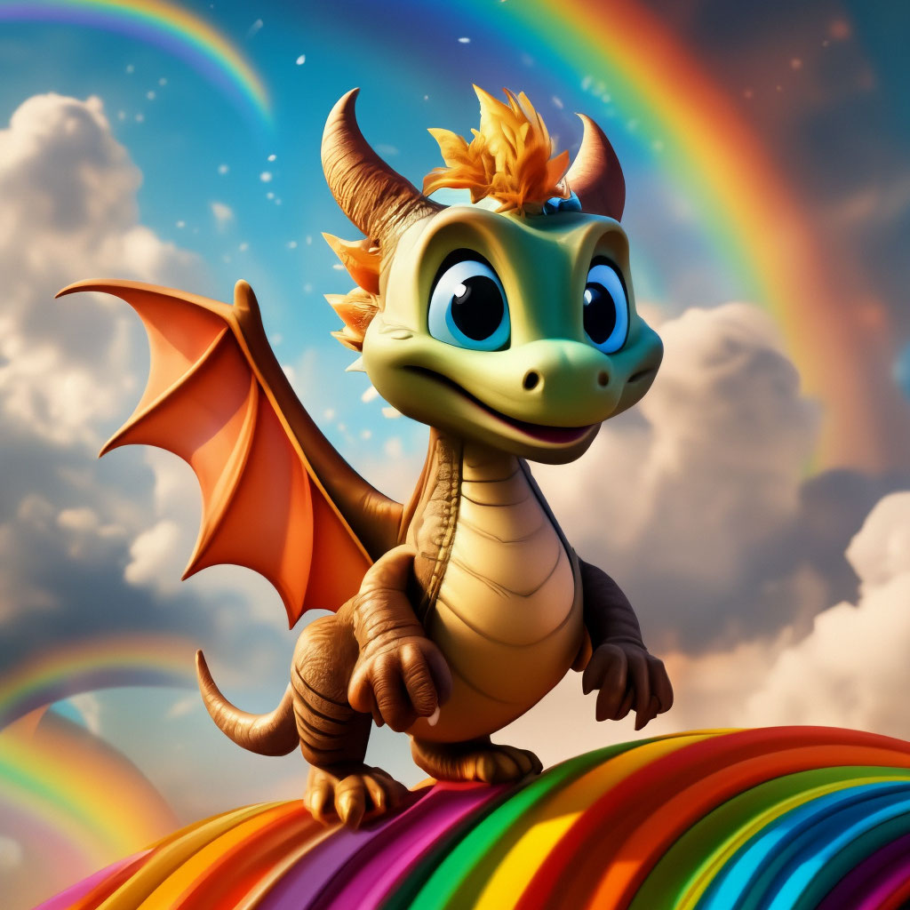 "Cute dragon is running on a rainbow" — image created in Shedevrum