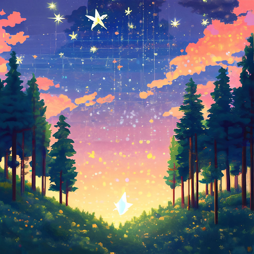 "Forest. morning.sunrise.A star is falling in the sky." — image created ...