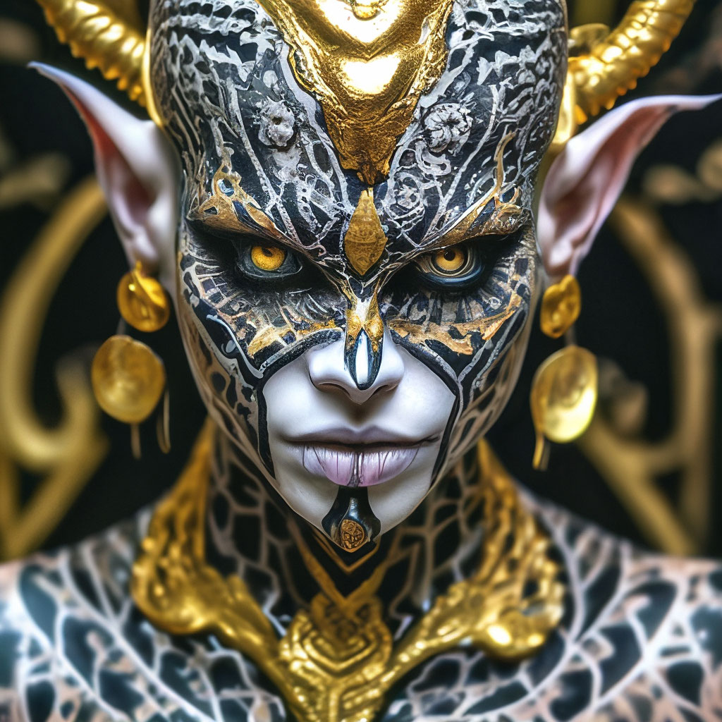 "Demon, surrealism, expressive look, contours of the nose and eyes ...
