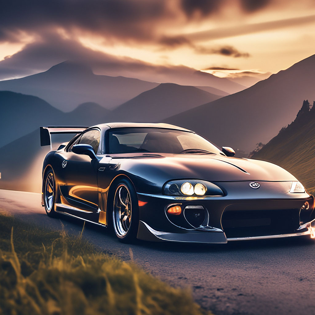 "Toyota supra on the background of mountains sunset time" — image ...
