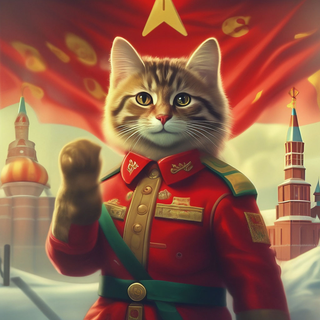 "The cat carries a poster of the USSR, 4k" — image created in Shedevrum