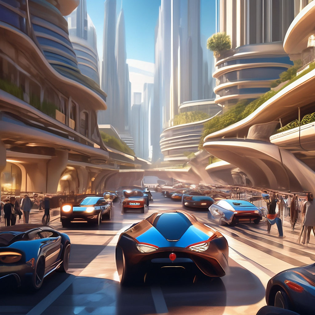 "The year 3200 in a city with cars" — image created in Shedevrum