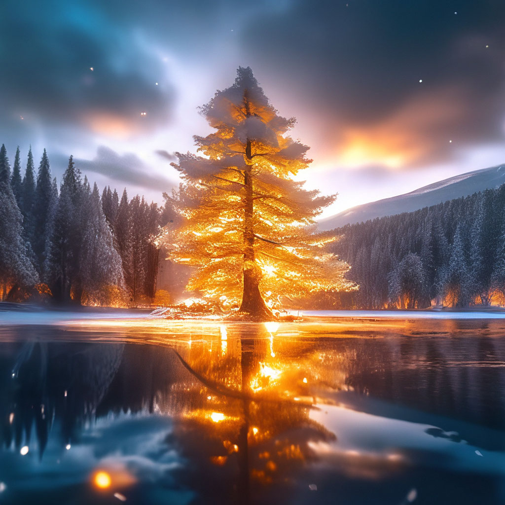 "Orange-yellow clouds, forest, lake, snow-covered mountain, dawn , …" — image created in Shedevrum