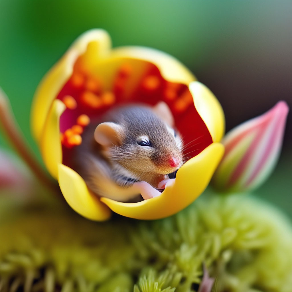 "A tiny mouse sleeps in the bud of a flower" — image created in Shedevrum