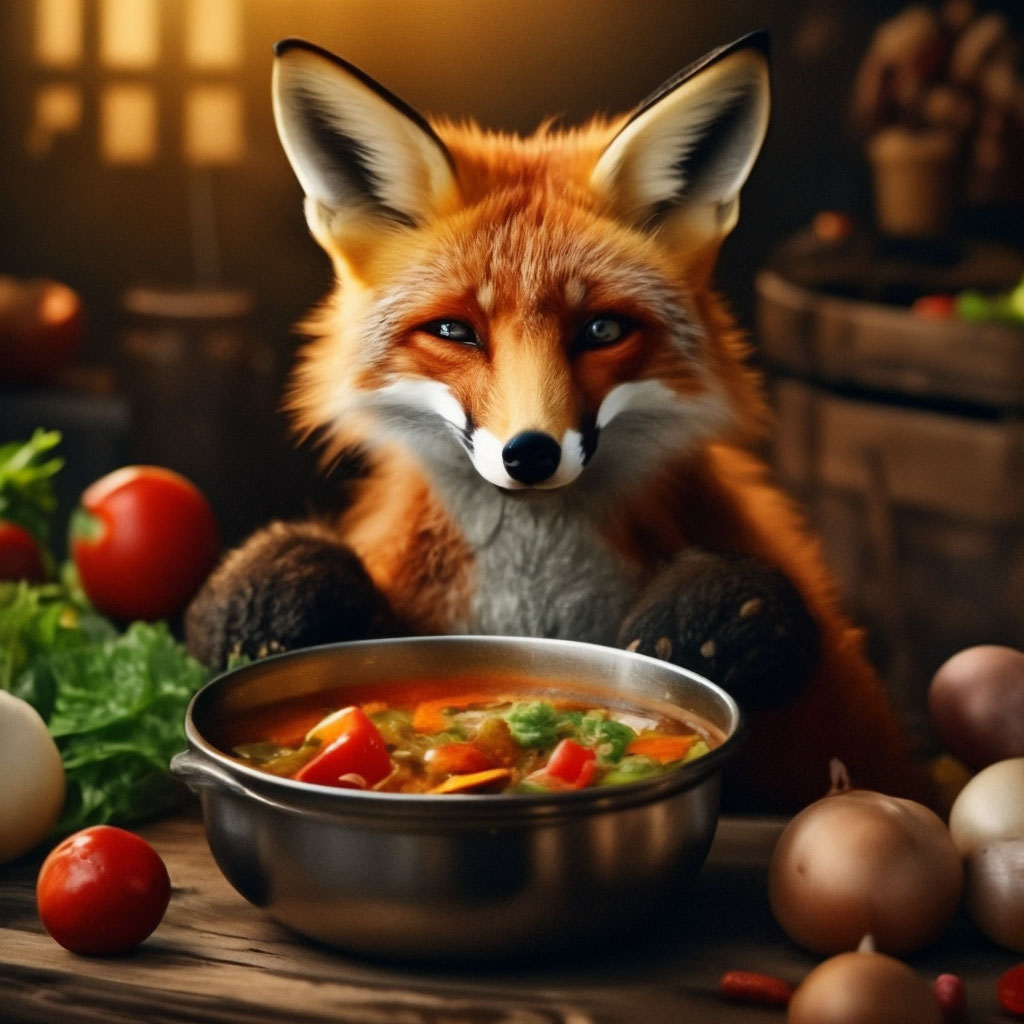 "The fox has collected vegetables and is going to cook soup ...