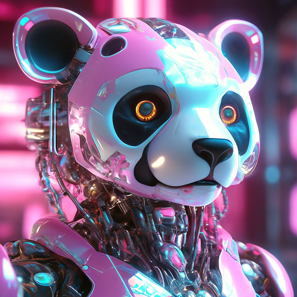 "Neural network pink robot ,ghostly mutant translucent panda ...