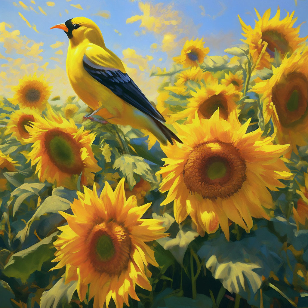 "Sunflowers, sun, bird" — image created in Shedevrum