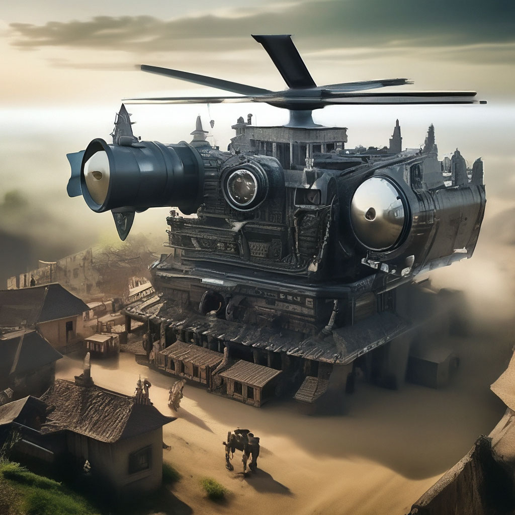 "A very huge titan camera with 4 helicopter propellers, flying over a ...