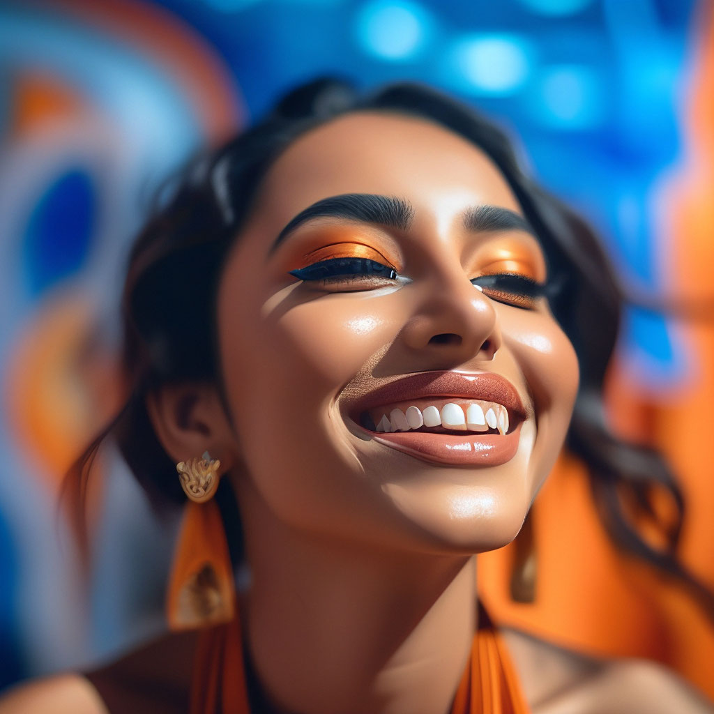 "Macro portrait photo of a young Egyptian woman, giggling, matte ...